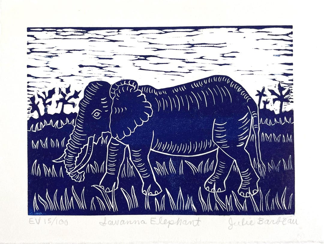 Elephant Linocut Print: Navy Blue - Handmade Animal Block Art - Small ...