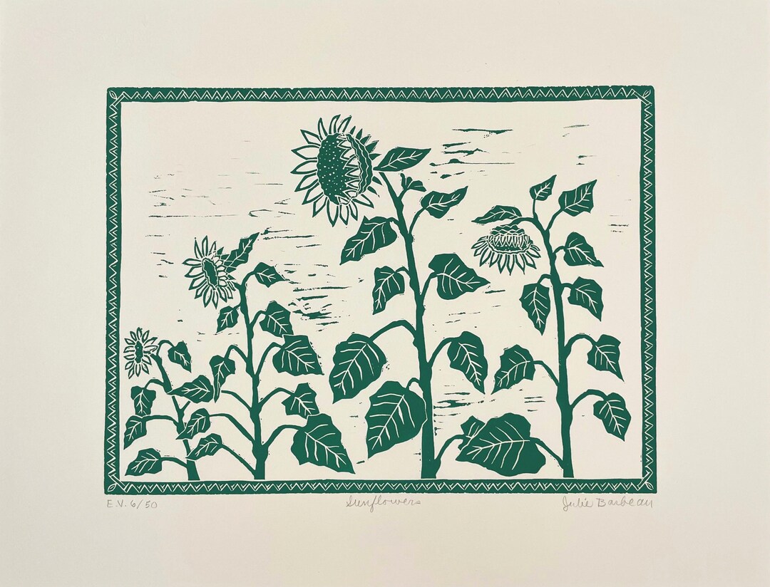 Sunflower Linocut Print: Green Ink Floral Art - French Printmaking ...