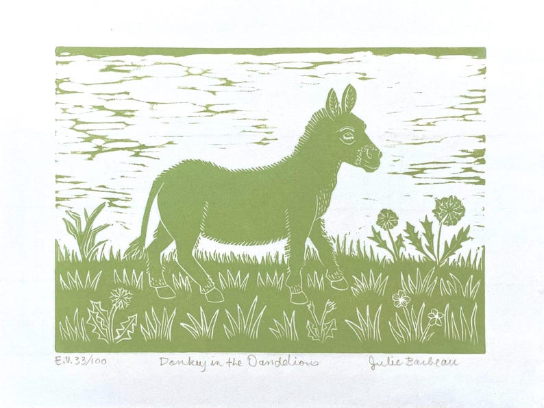 Donkey Linocut Sage Green: Original Animal Art Print, Small Nature ...