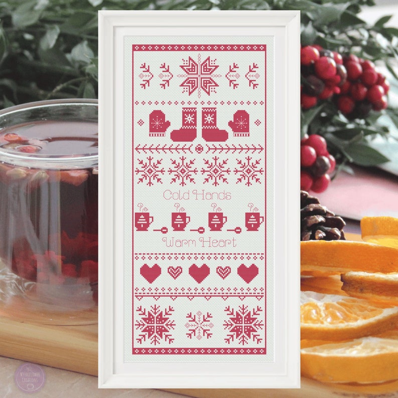 Cold Hands Warm Heart Counted Cross Stitch Pattern, Redwork Band Sampler Chart, Winter and ...