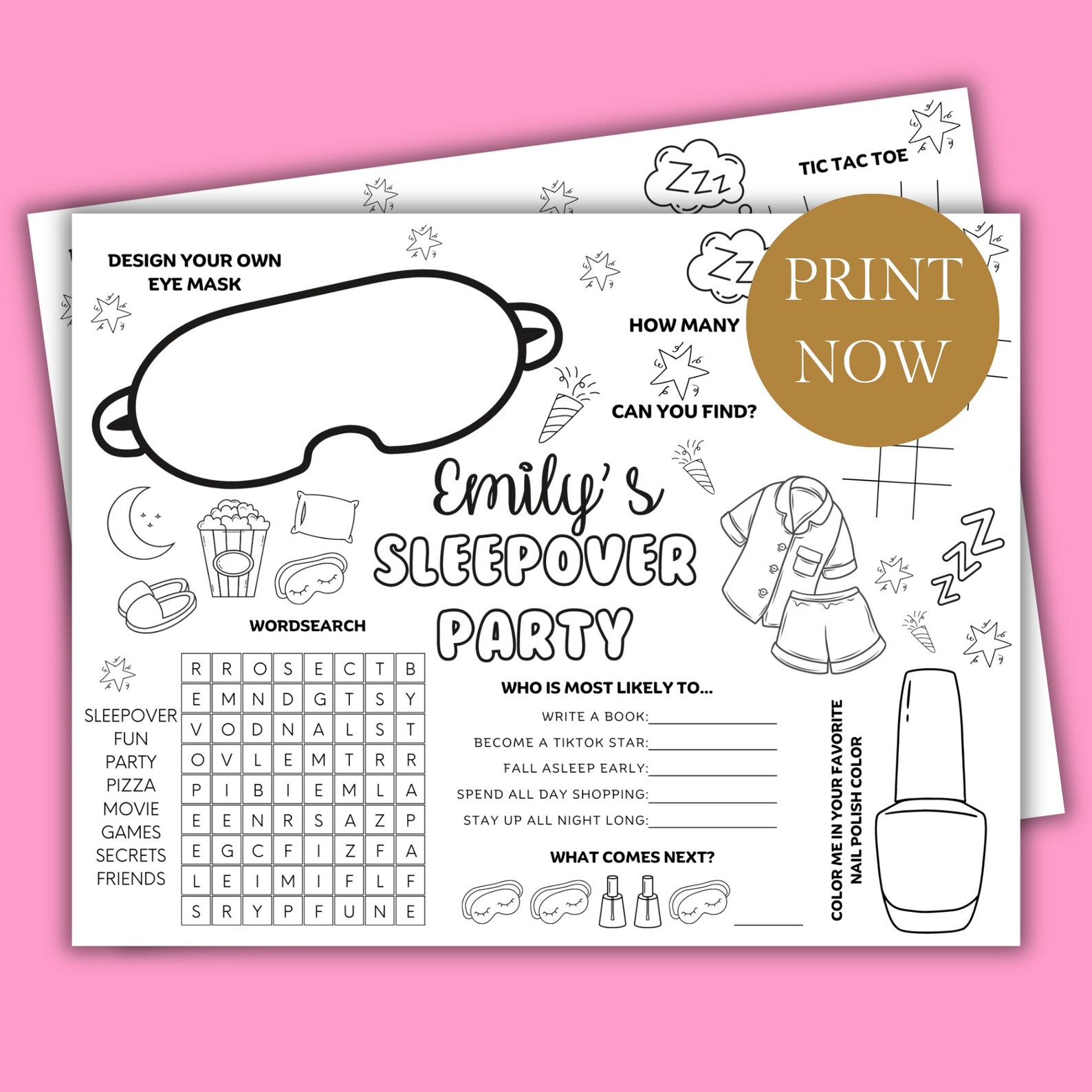 Personalised Sleepover Kids Activity Placemat, Customized Kids ...
