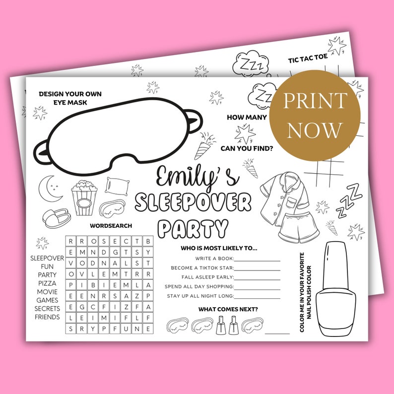 Personalised Sleepover Kids Activity Placemat, Customized Kids ...