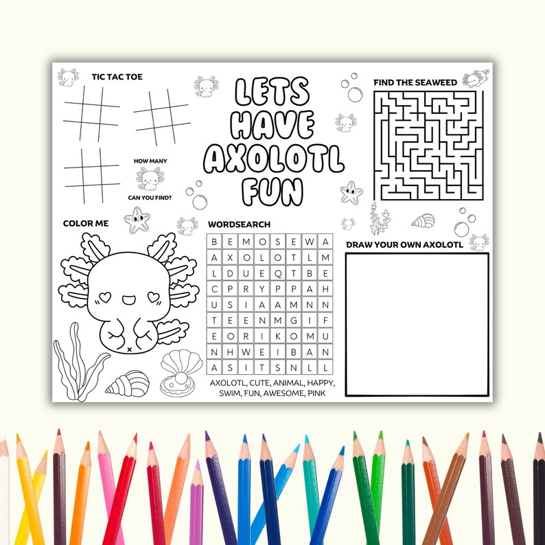 Axolotl Party Printable Placemat Activity, Axolotl Party Favor Placemat ...