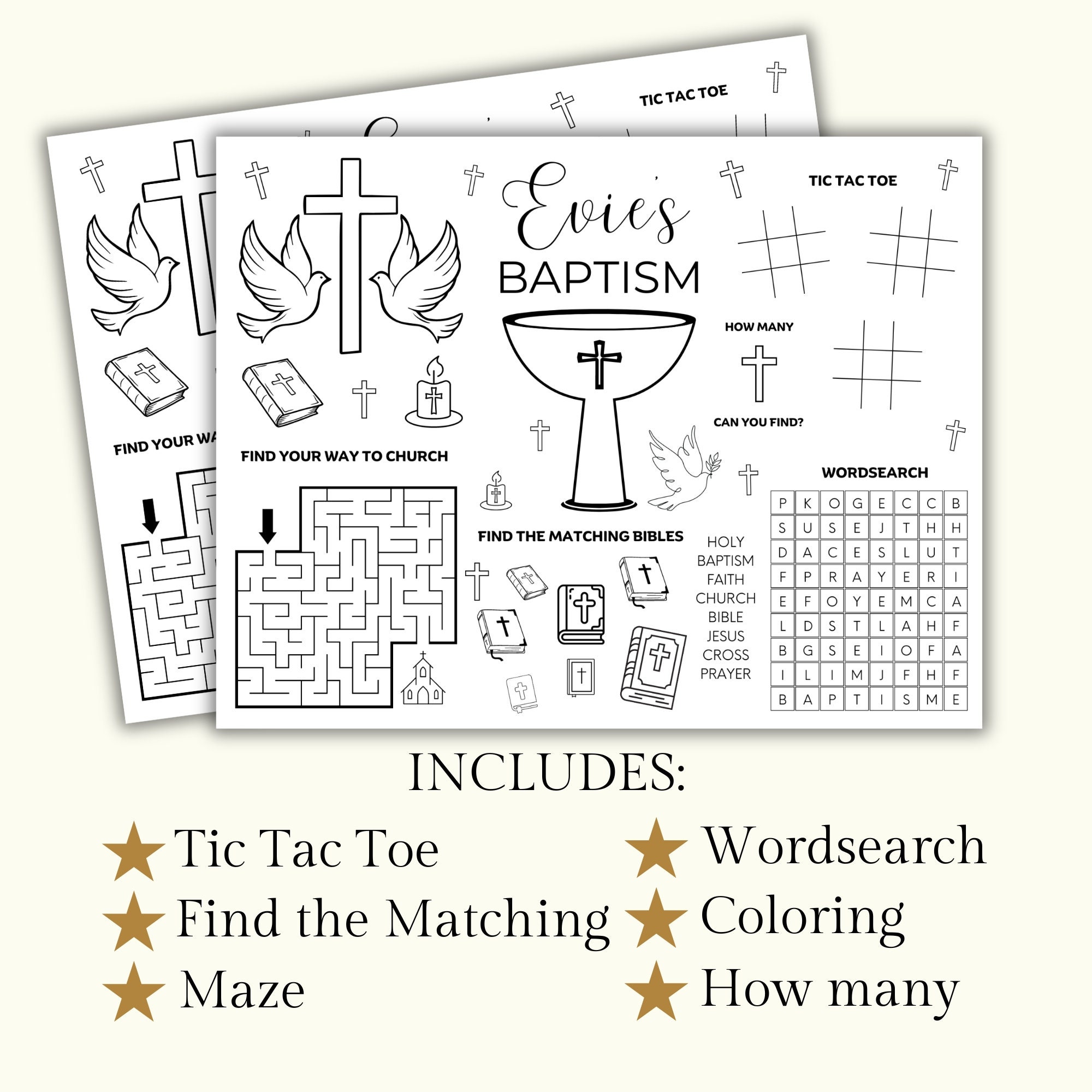 Personalised Baptism Kids Activity Placemat, Customized Kids Printable ...