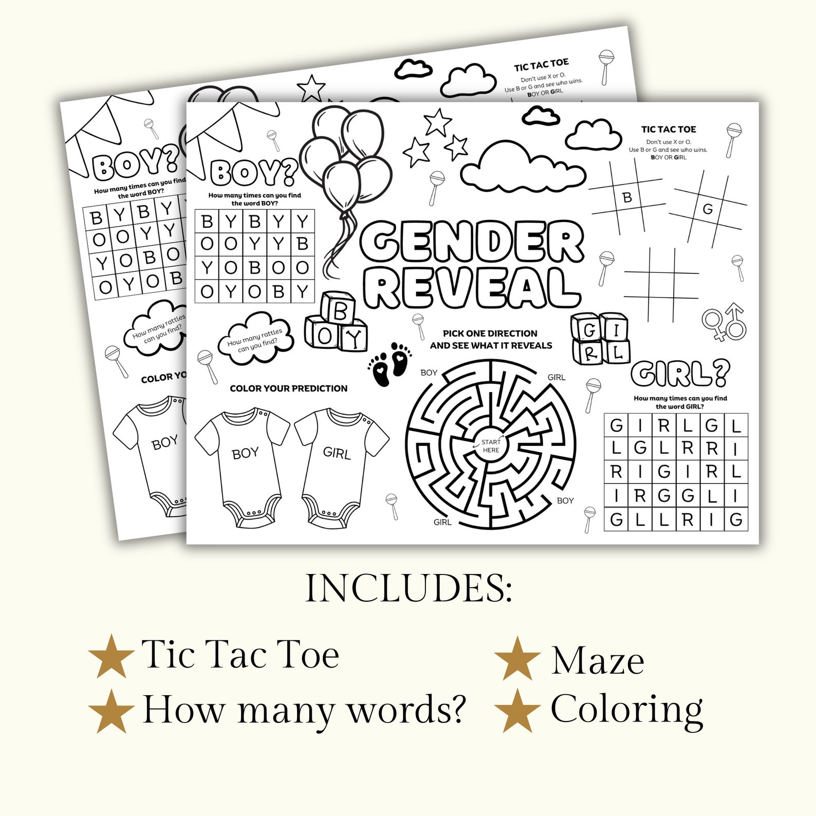 Gender Reveal Printable Activity Placemat, Gender Reveal Party Placemat ...
