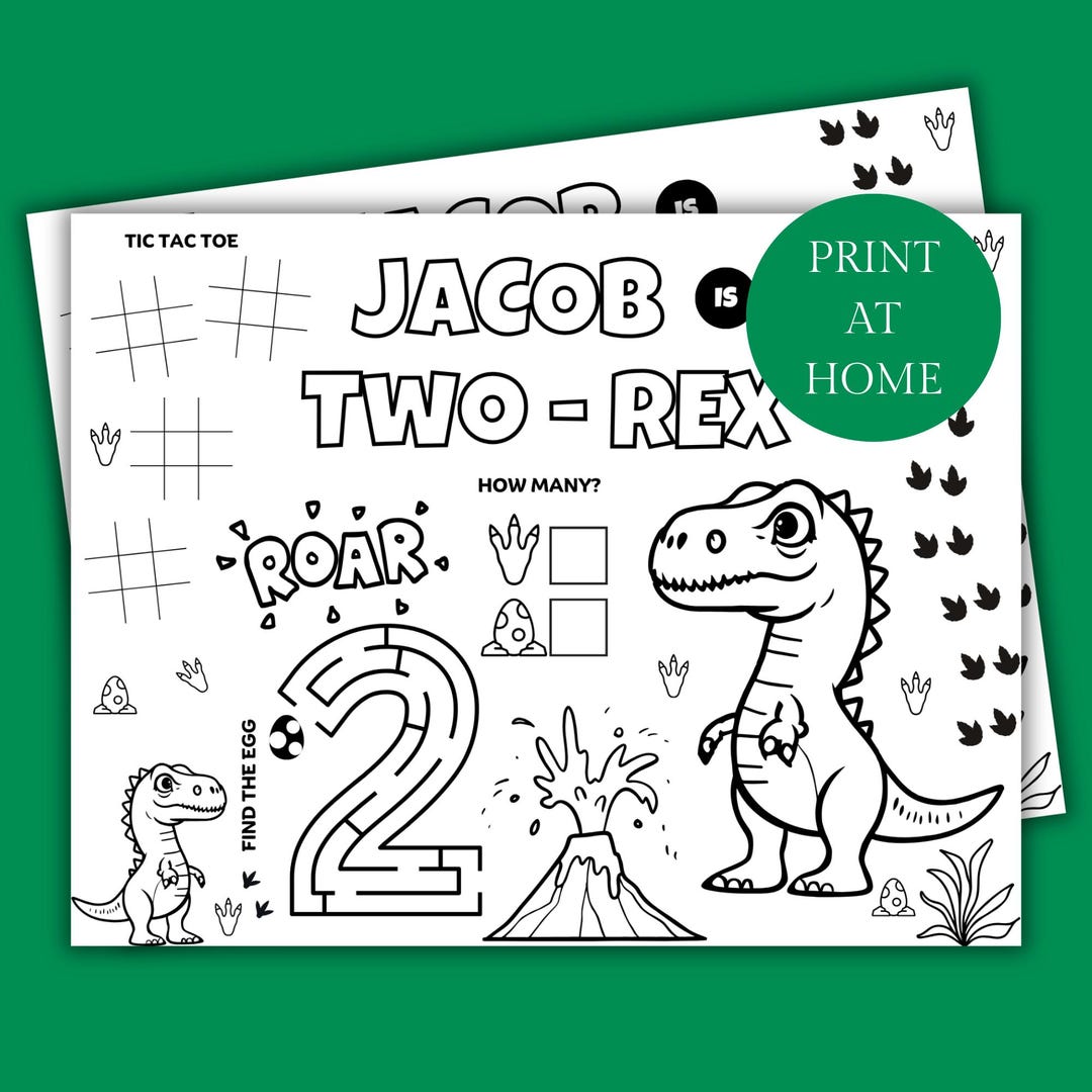 Personalised Two Rex Birthday Party Printable Placemat Activity ...