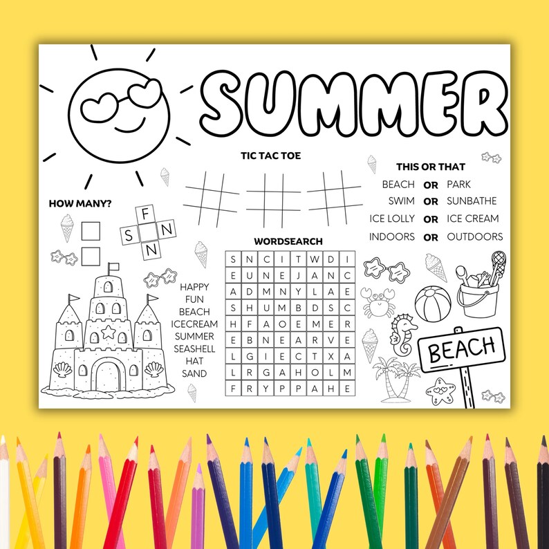 Summer Activity Placemat for Kids, Summer Time Worksheet for Children ...