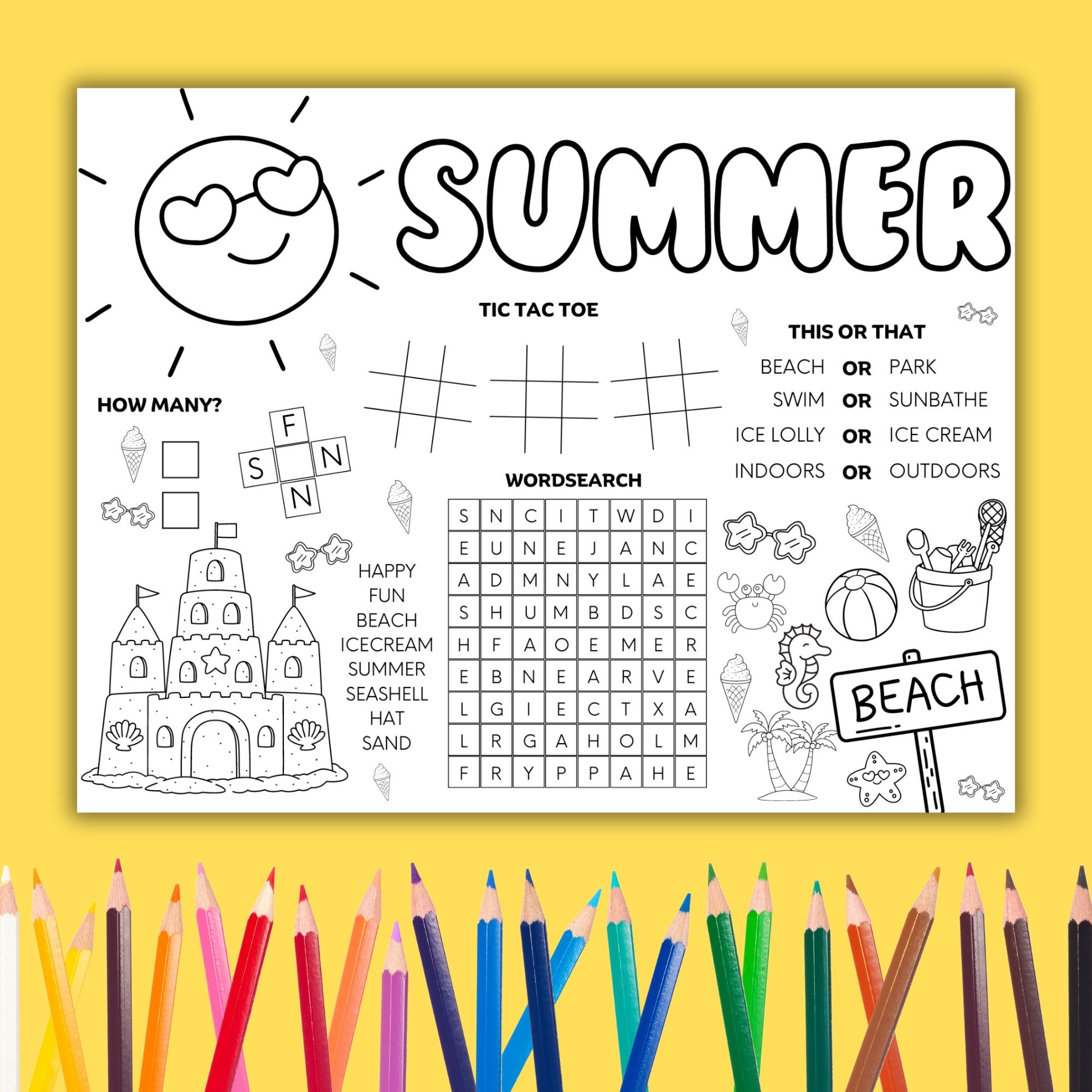 Summer Activity Placemat for Kids, Summer Time Worksheet for Children ...