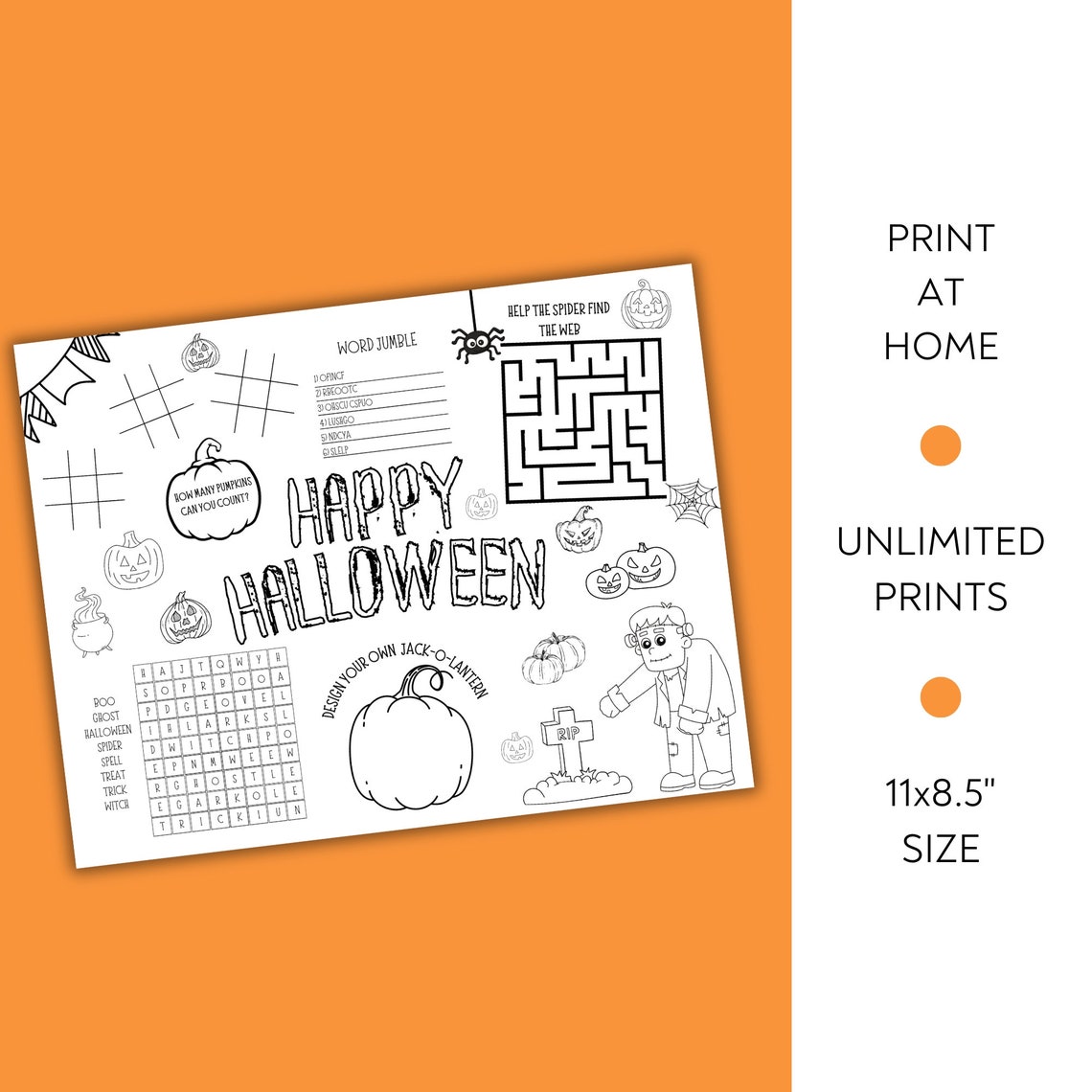 Kids Halloween Activity Mat Printable Halloween Worksheet - Etsy