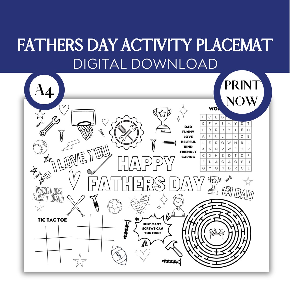 Fathers Day Printable Activity Placemat, Fathers Day Printable, Dad ...