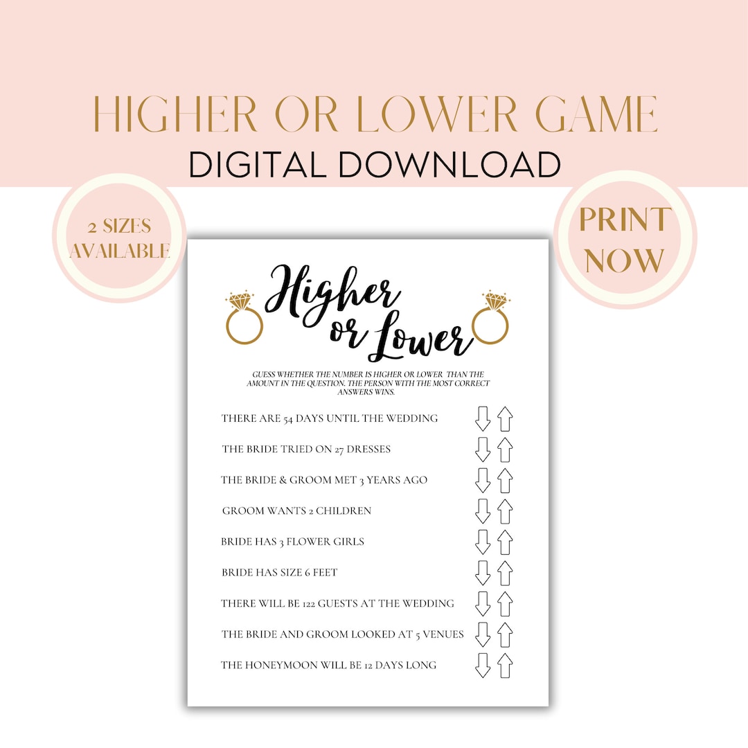 Over or Under Bridal Shower Game, Higher or Lower Game, Bachelorette ...