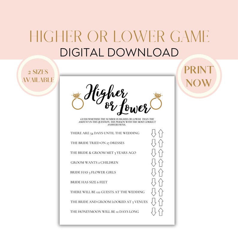 Over Or Under Bridal Shower Game Higher Or Lower Game Bachelorette