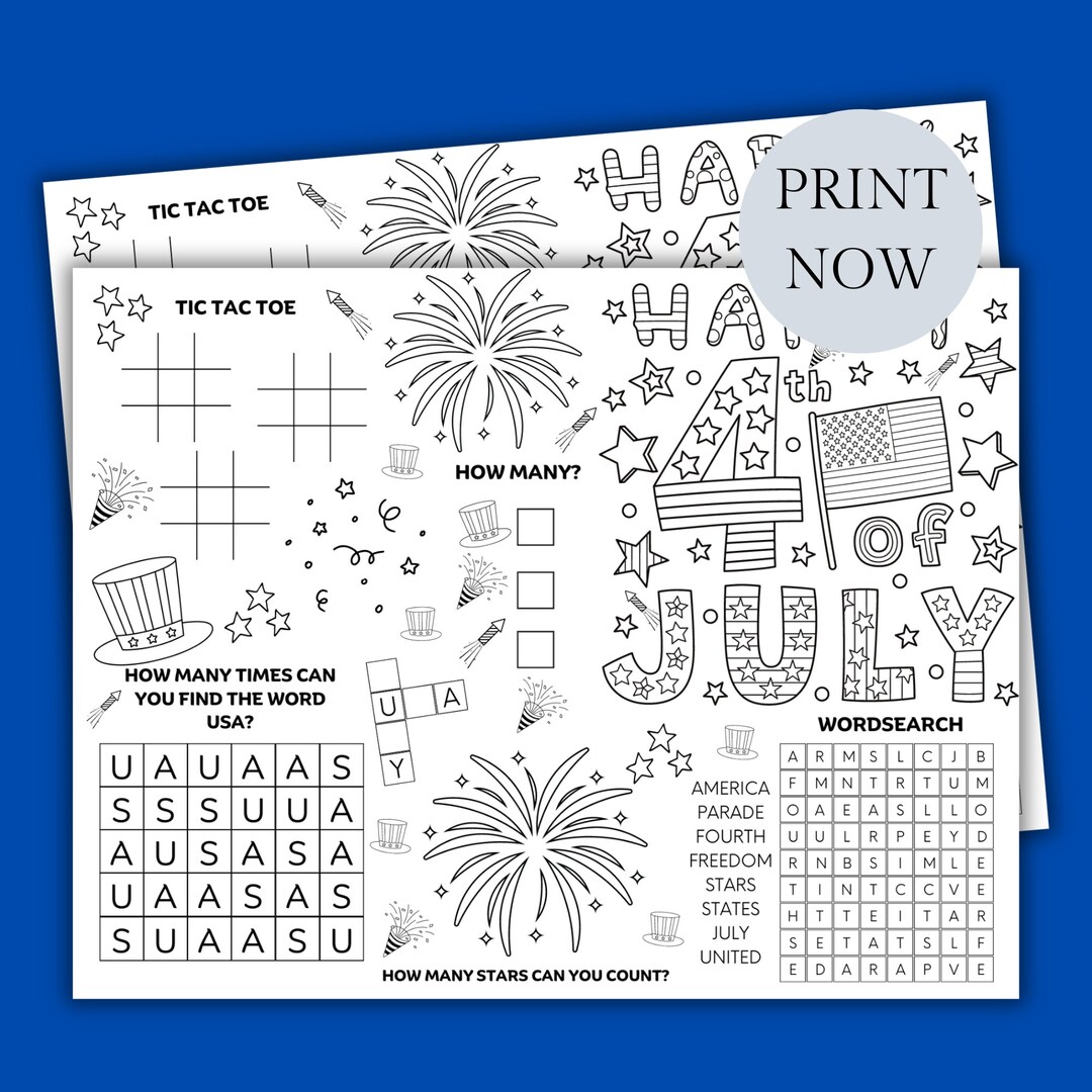 Fourth of July Activity Placemat for Kids, Independence Day Worksheet ...