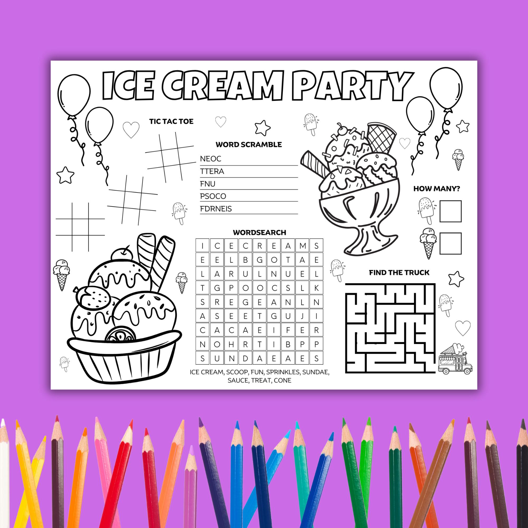 Ice Cream Party Activity and Color Placemat, Printable Ice Cream ...