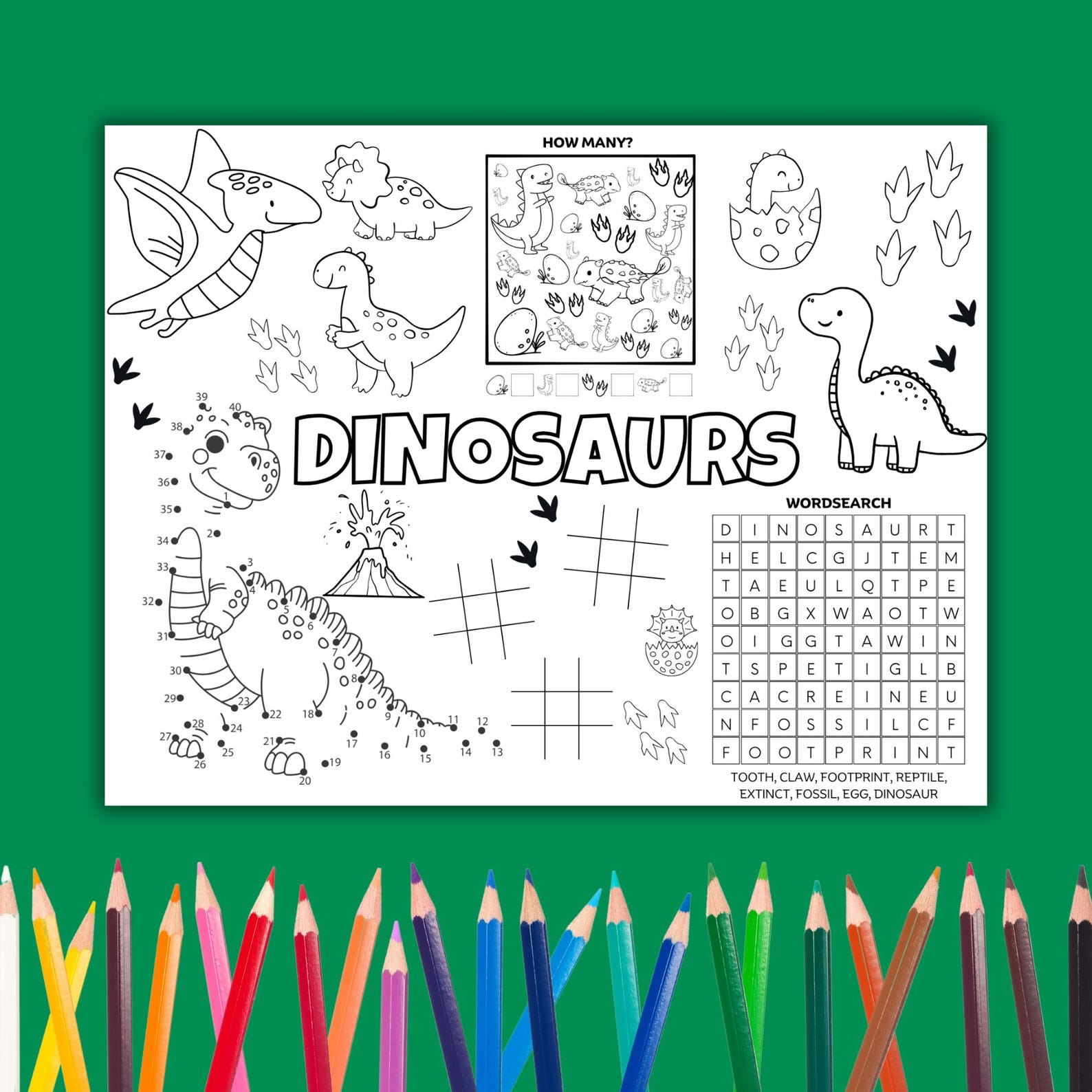 Dinosaur Activity Placemat for Kids, Printable Dinosaur Fun Games, Dino ...