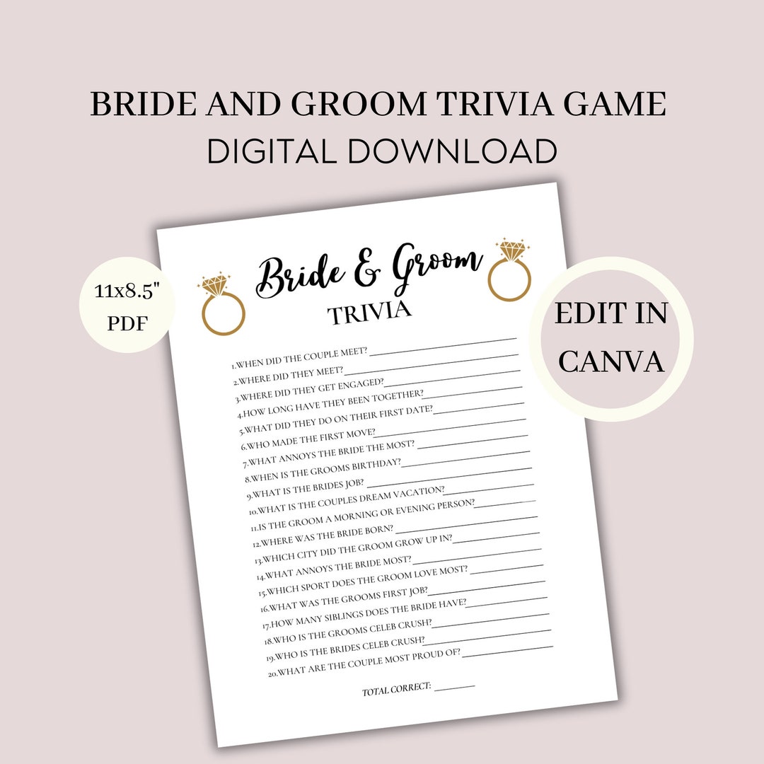 Bride and Groom Trivia Bridal Shower Game, How Well Do You Know the ...