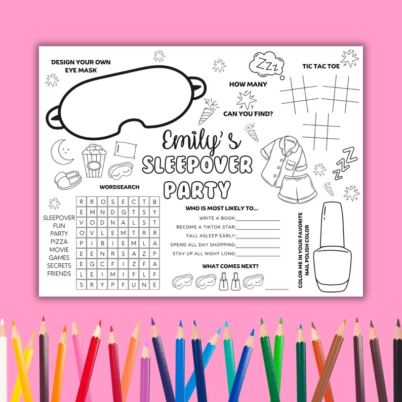 Personalised Sleepover Kids Activity Placemat, Customized Kids ...