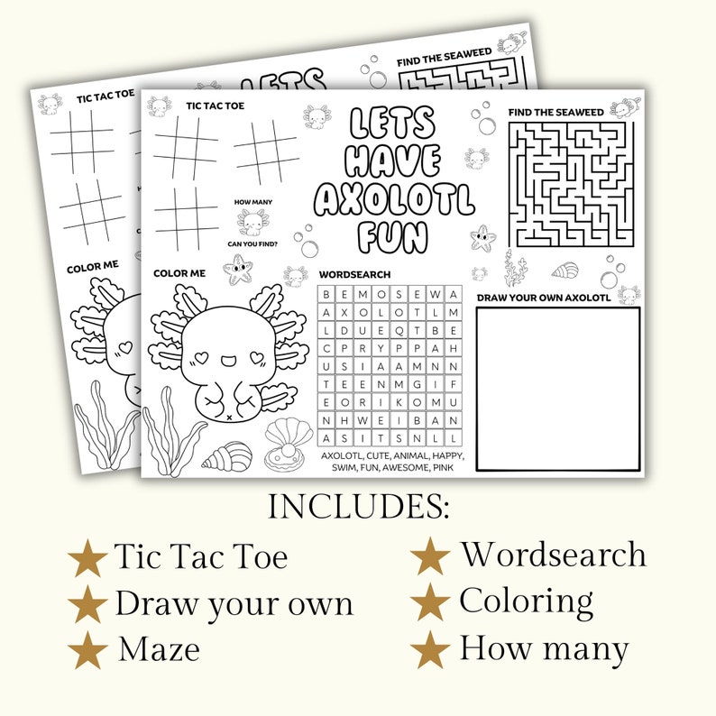 Axolotl Party Printable Placemat Activity, Axolotl Party Favor Placemat ...
