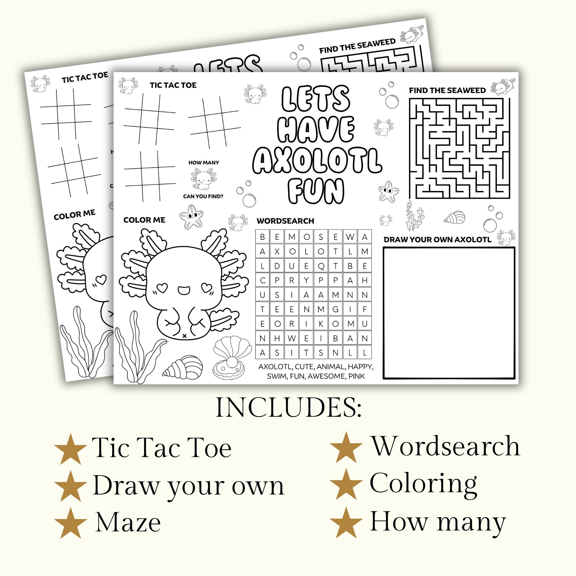 Axolotl Party Printable Placemat Activity, Axolotl Party Favor Placemat ...