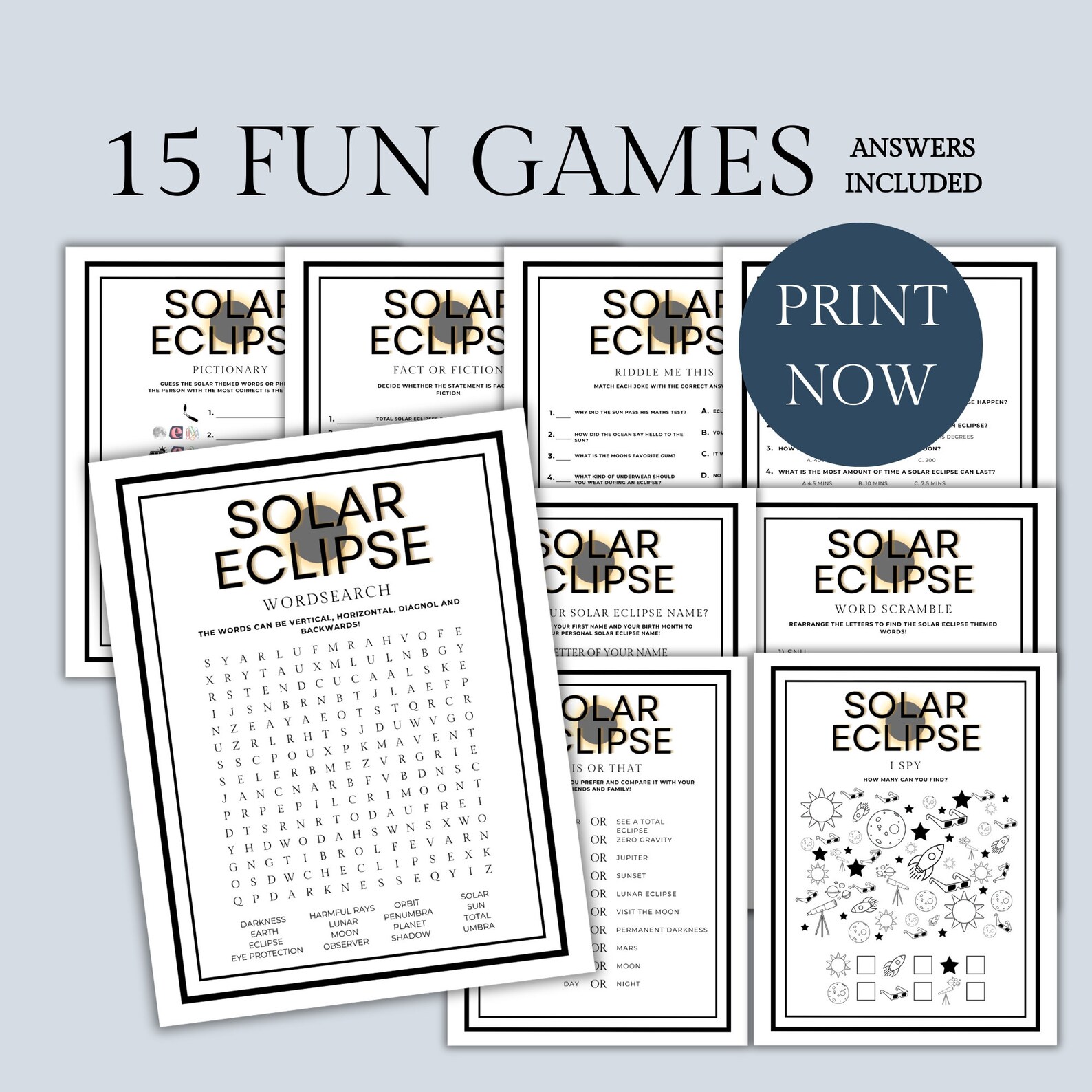 Printable Solar Eclipse Party Games, Eclipse Party, April 2024 Solar ...
