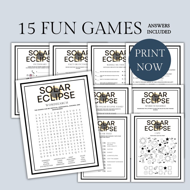 Printable Solar Eclipse Party Games, Eclipse Party, April 2024 Solar ...