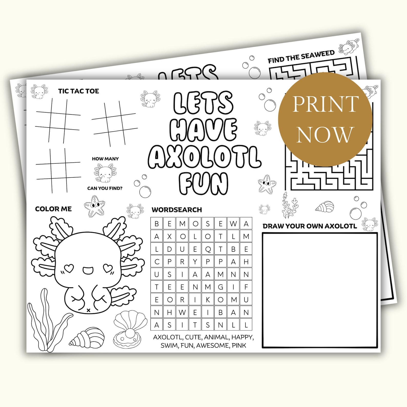 Axolotl Party Printable Placemat Activity, Axolotl Party Favor Placemat ...