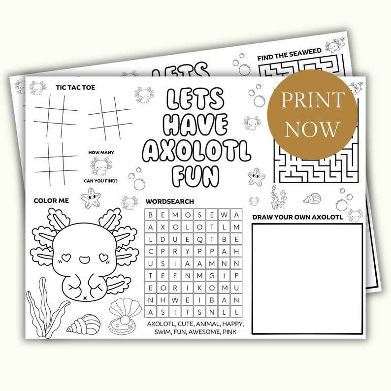 Axolotl Party Printable Placemat Activity, Axolotl Party Favor Placemat ...