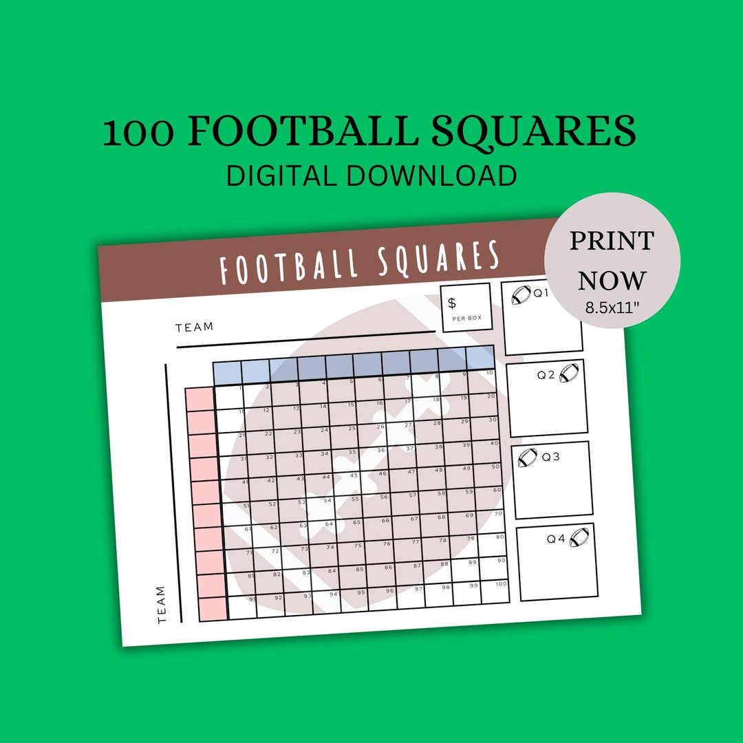 100 Football Squares Game Football Pool Digital Download Football Game ...