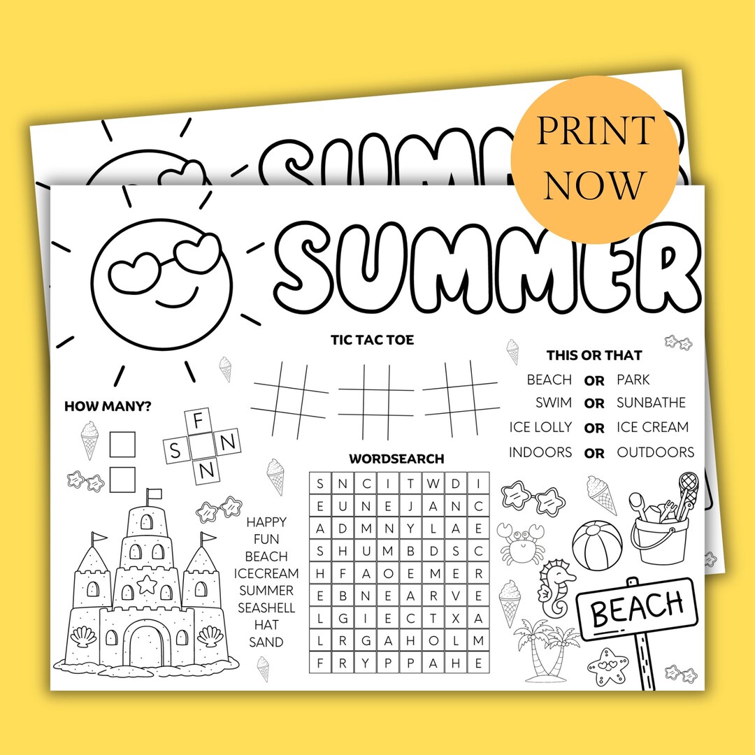Summer Activity Placemat for Kids, Summer Time Worksheet for Children ...