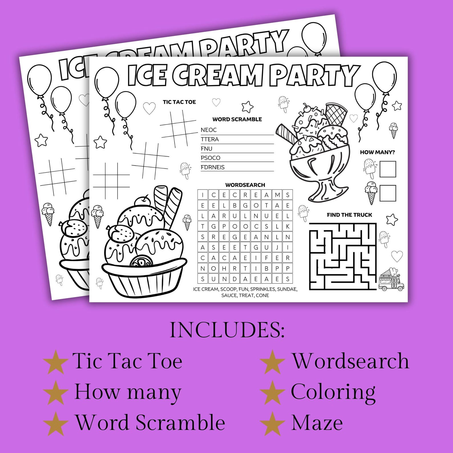 Ice Cream Party Activity and Color Placemat, Printable Ice Cream ...