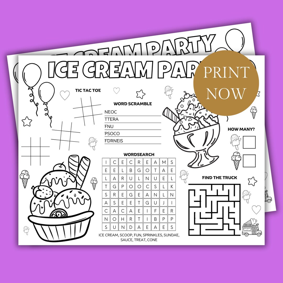 Ice Cream Party Activity and Color Placemat, Printable Ice Cream ...