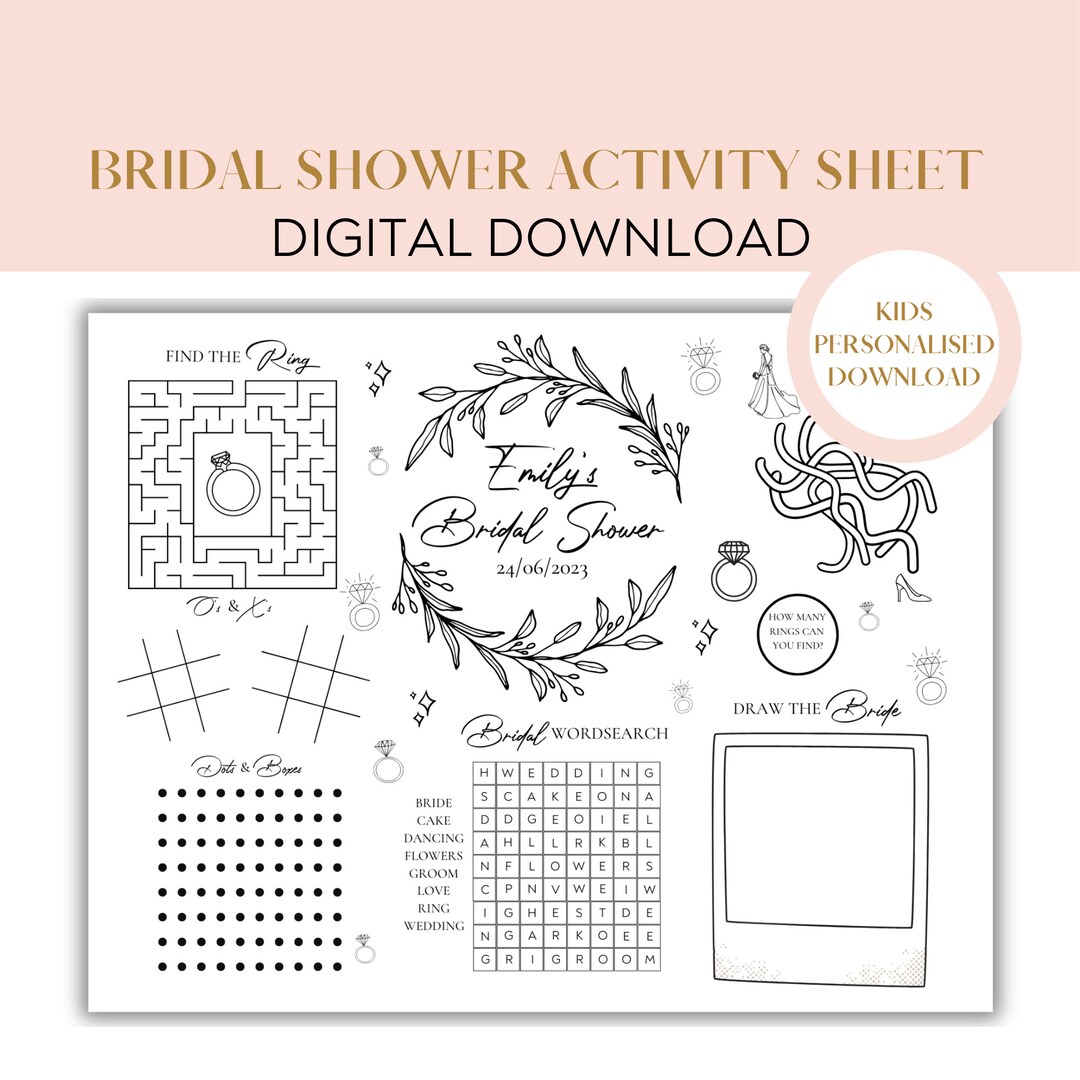 Bridal Shower Games for Kids, Personalised Bridal Shower Activity Sheet ...