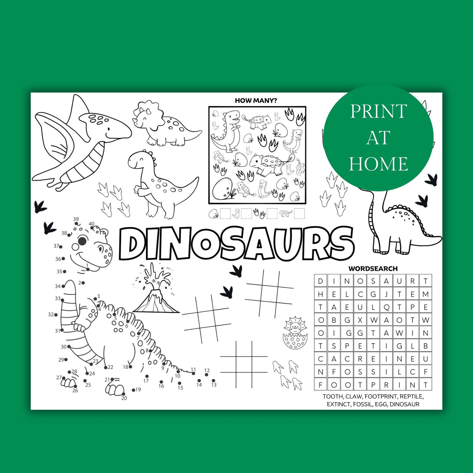 Dinosaur Activity Placemat for Kids, Printable Dinosaur Fun Games, Dino ...