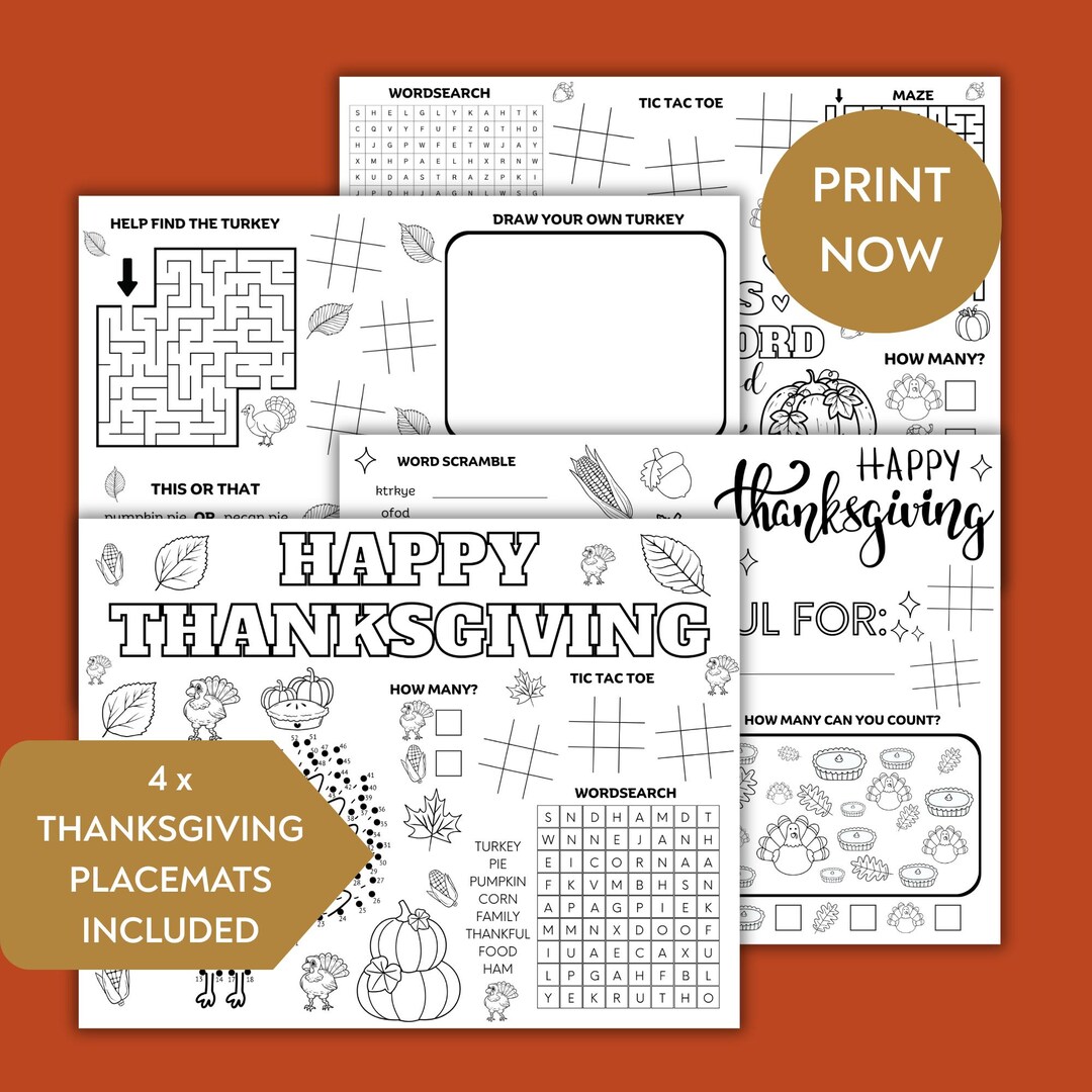 Thanksgiving Kids Activity Placemat Bundle, Children Thanksgiving ...