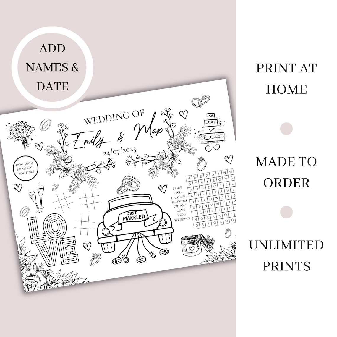 Personalised Kids Wedding Activity Mat, Reception Fun, Kids Printable ...