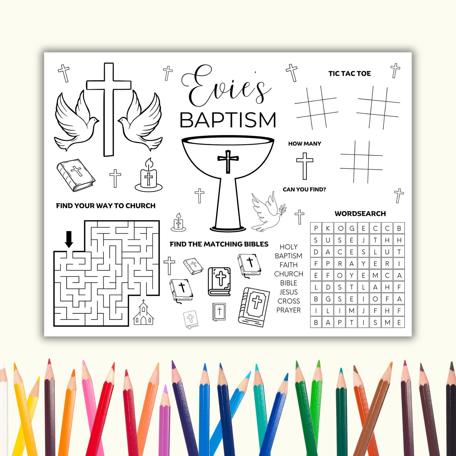 Personalised Baptism Kids Activity Placemat, Customized Kids Printable ...