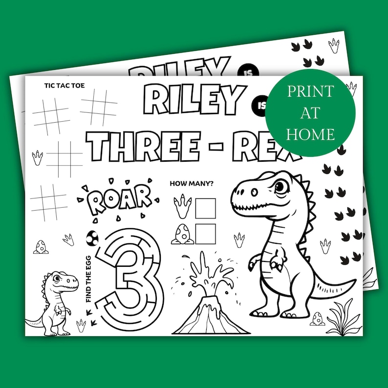 Personalised Three Rex Birthday Party Printable Placemat Activity ...