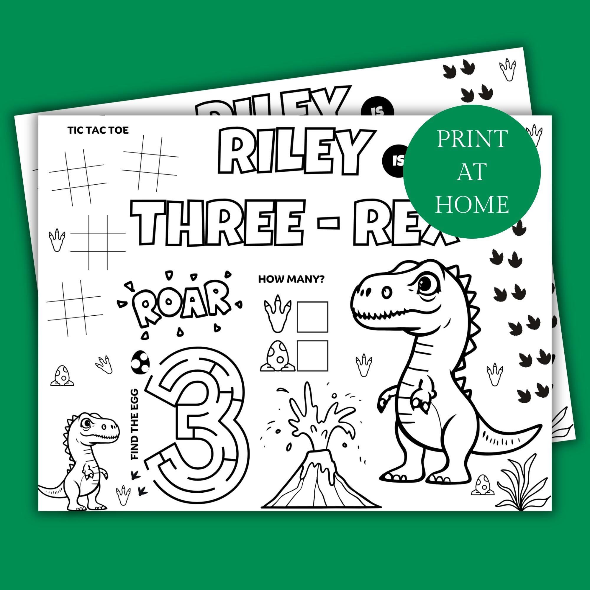 Personalised Three Rex Birthday Party Printable Placemat Activity ...