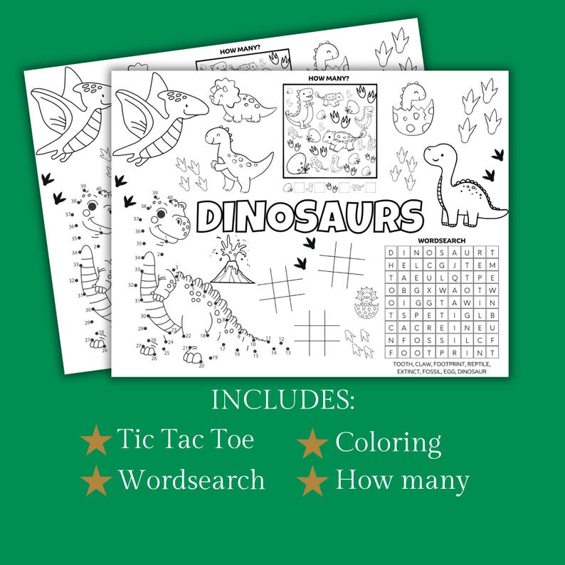Dinosaur Activity Placemat for Kids, Printable Dinosaur Fun Games, Dino ...