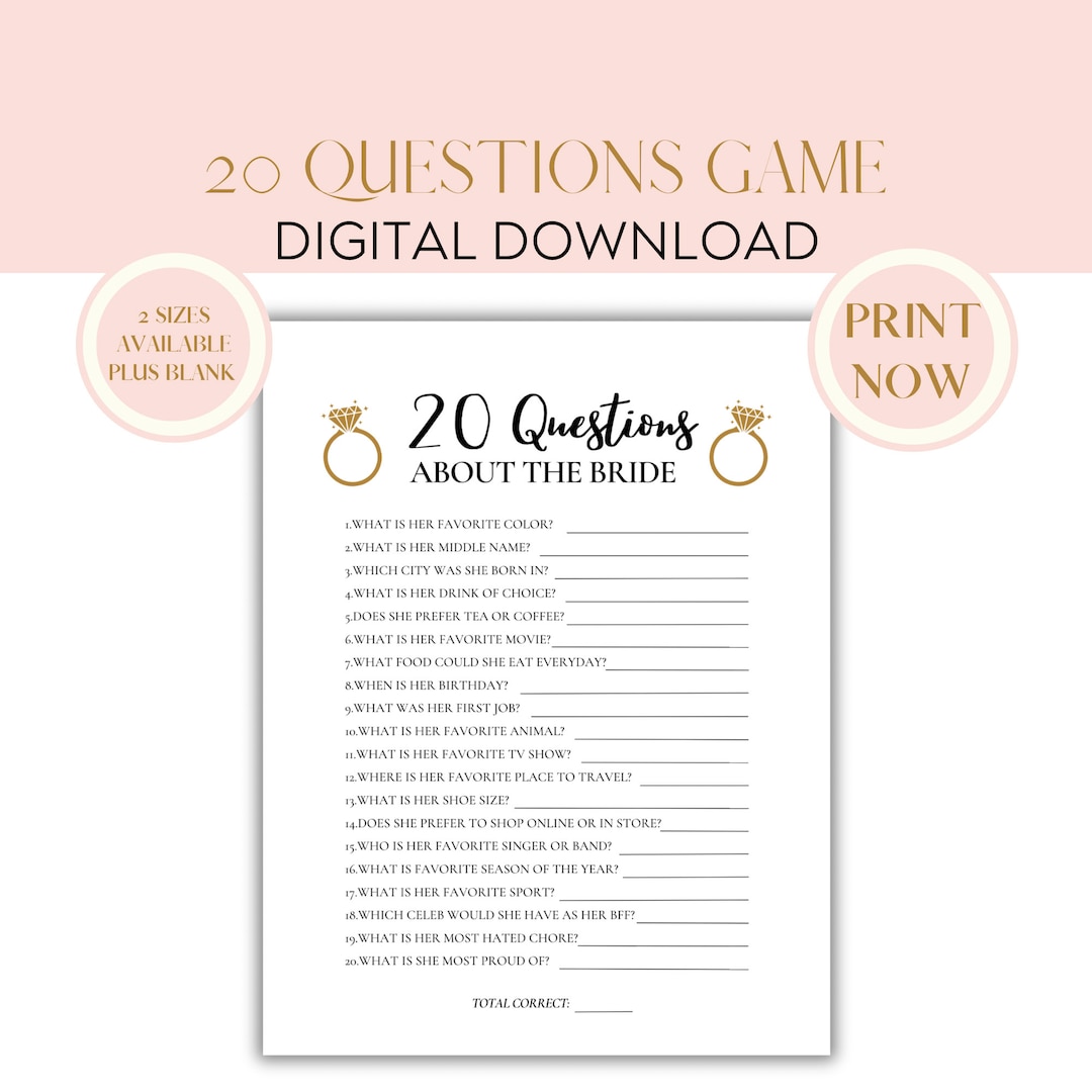 20 Questions About the Bride Bridal Shower Game, How Well Do You Know ...
