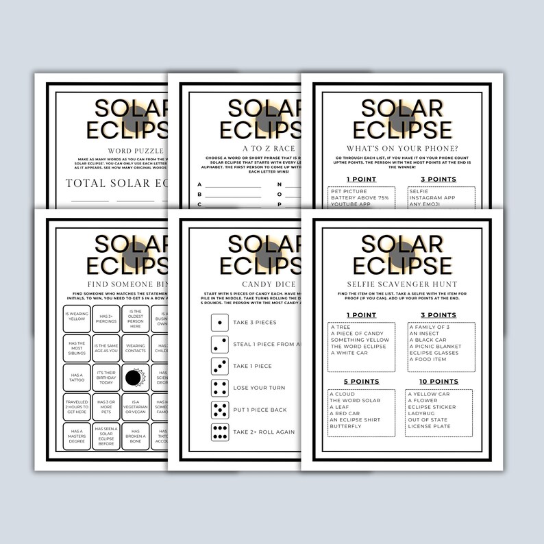 Printable Solar Eclipse Party Games, Eclipse Party, April 2024 Solar ...
