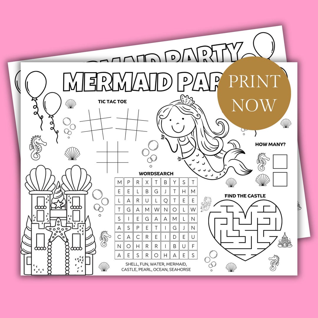 Mermaid Party Activity and Color Placemat, Printable Mermaid Birthday ...