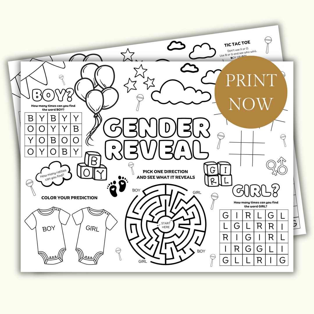 Gender Reveal Printable Activity Placemat, Gender Reveal Party Placemat ...