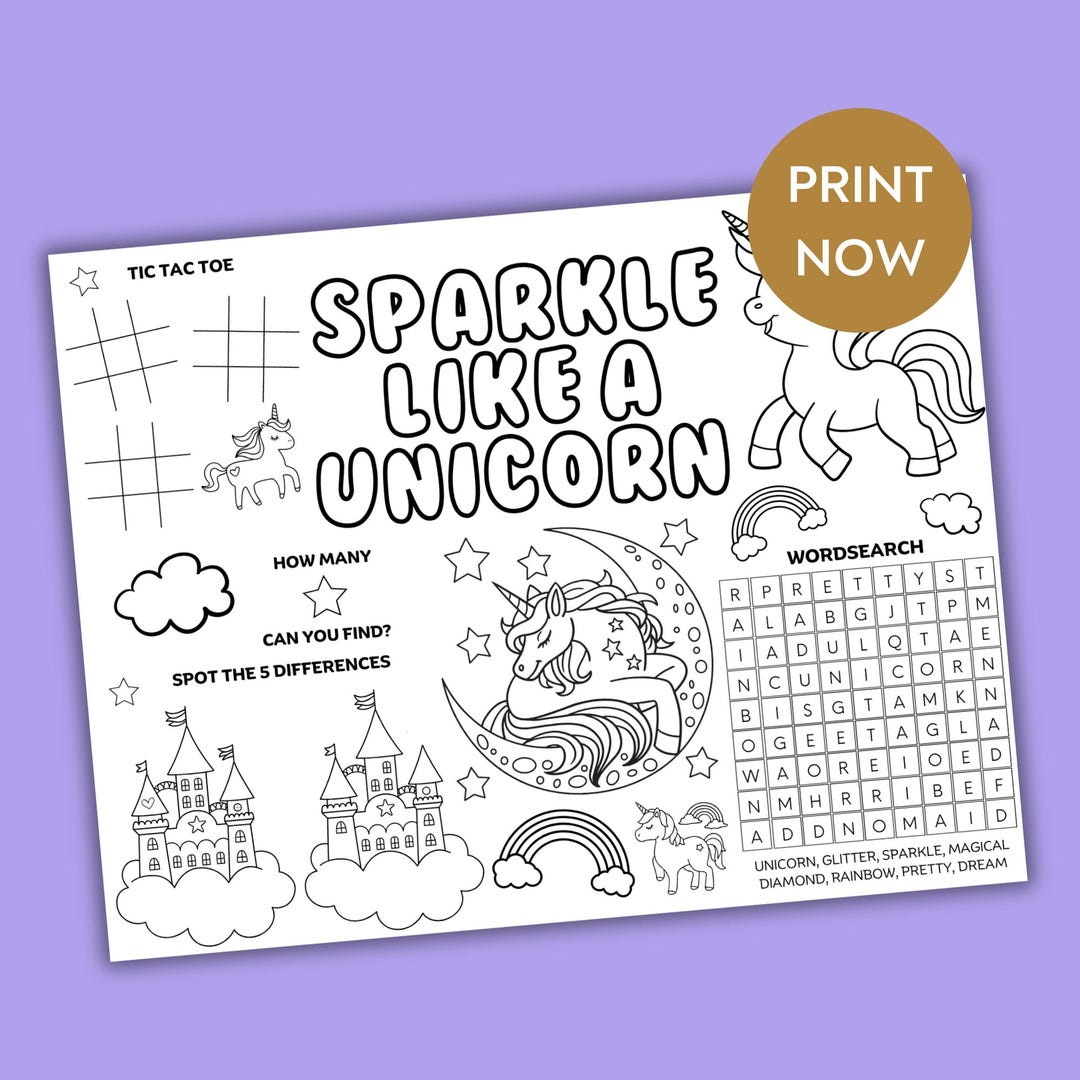 Unicorn Color and Activity Placemat, Printable Unicorn Activity, Kids ...