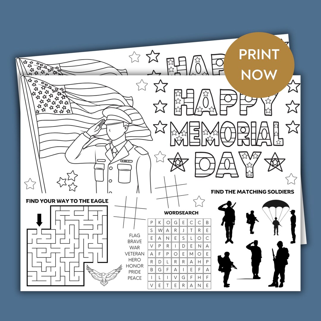 Memorial Day Activity Placemat for Kids, Memorial Day Worksheet for ...