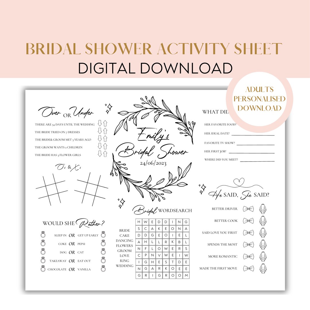 Bridal Shower Games for Adults, Personalised Bridal Shower Activity ...