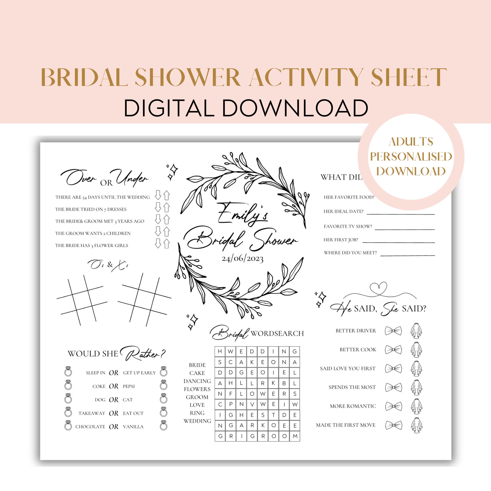 Bridal Shower Games for Adults, Personalised Bridal Shower Activity ...
