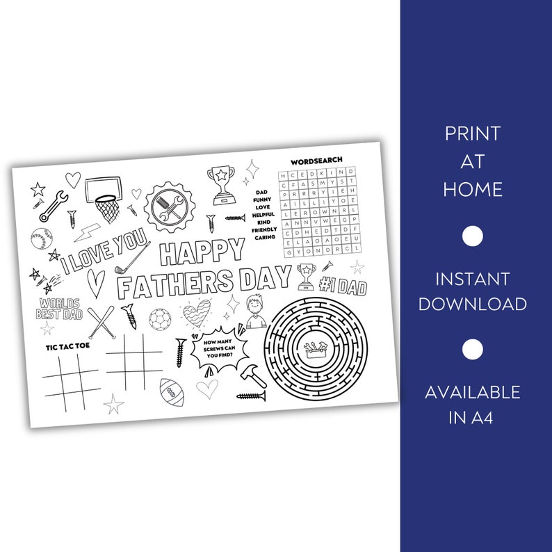 Fathers Day Printable Activity Placemat, Fathers Day Printable, Dad ...