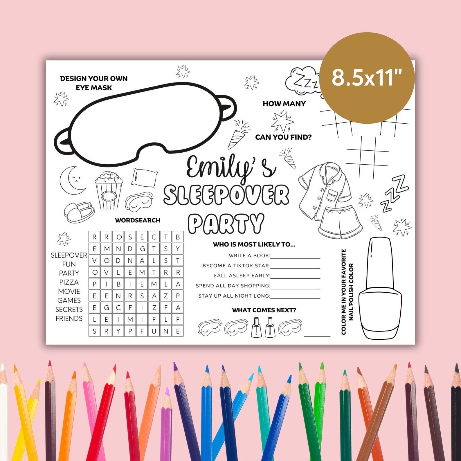 Personalised Sleepover Kids Activity Placemat, Customized Kids ...