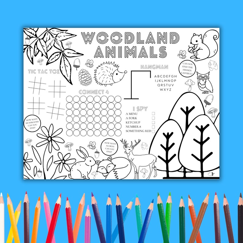 Woodland Themed Kids Placemat, Printable Woodland Animals Color ...